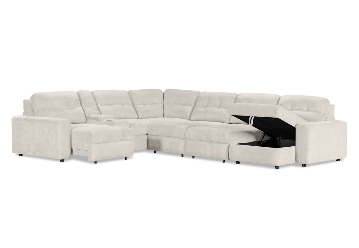 BEIGE BEVERLY FABRIC 6S Corner with 3 Electric Slide-out Recliners ...