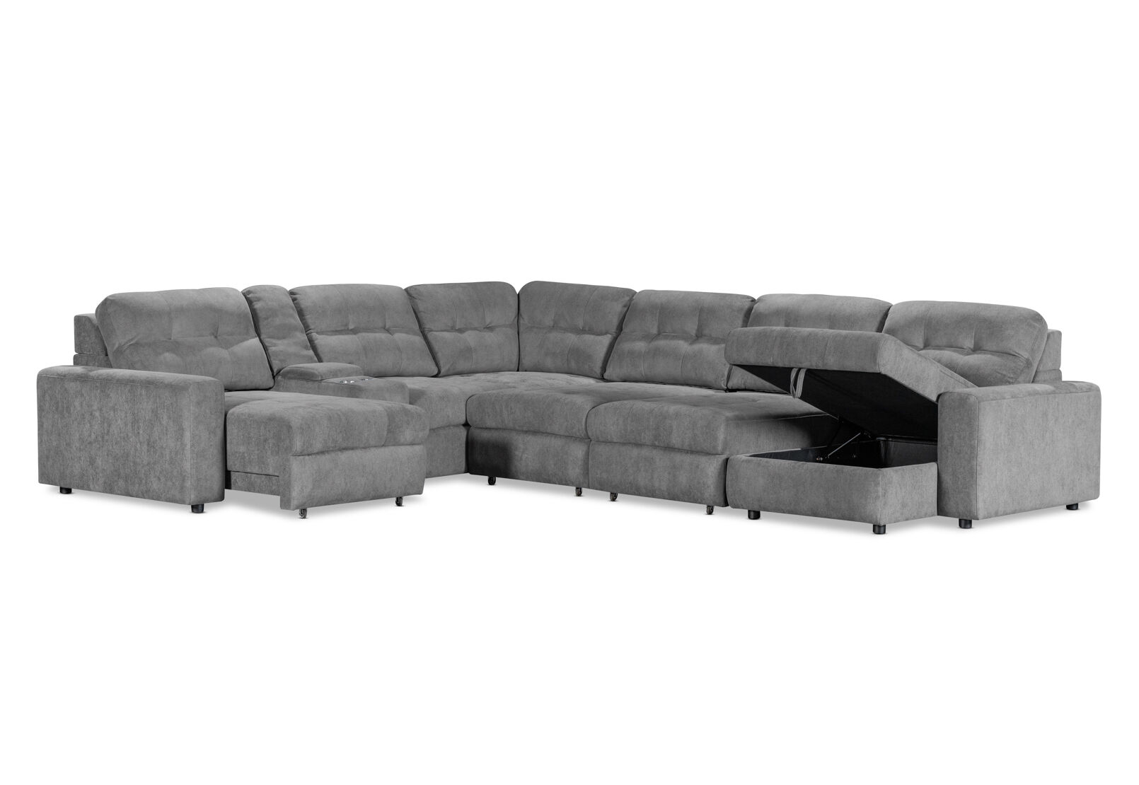GREY BEVERLY FABRIC 6S Corner with 3 Electric Slide-out Recliners & RHF ...