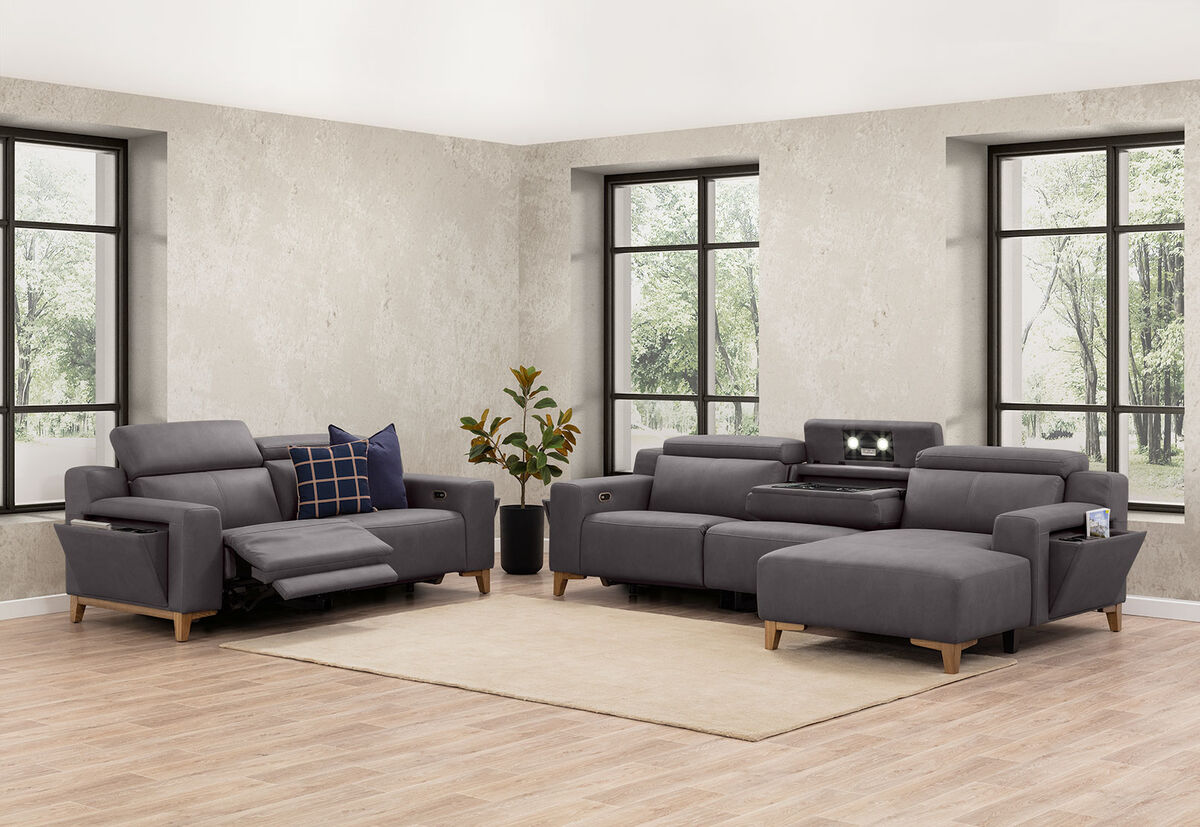 CHARCOAL GAGE FABRIC 2 Seater Sofa with Inbuilt Electric Recliners