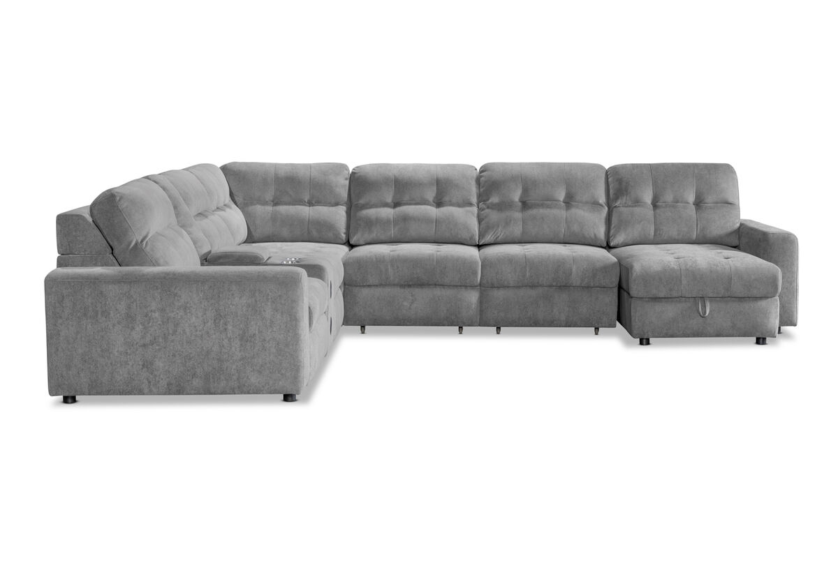 GREY BEVERLY FABRIC 6S Corner with 3 Electric Slide-out Recliners & RHF ...