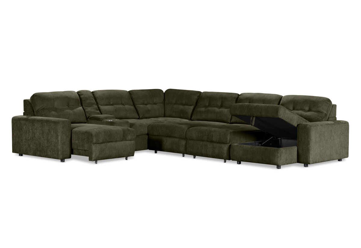 GREEN BEVERLY FABRIC 6S Corner with 3 Electric Slide-out Recliners ...