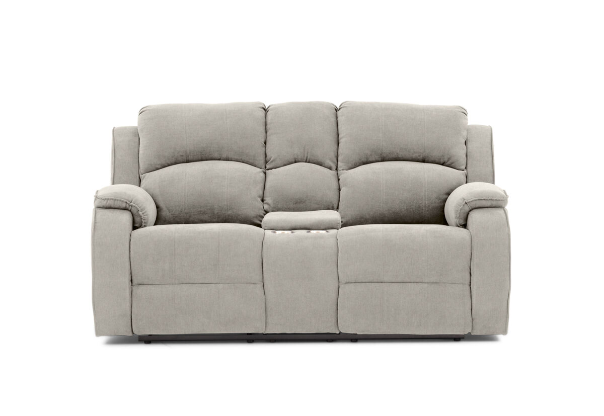 LT GREY KAYDEN FABRIC 2 Seater with Inbuilt Recliners and Console