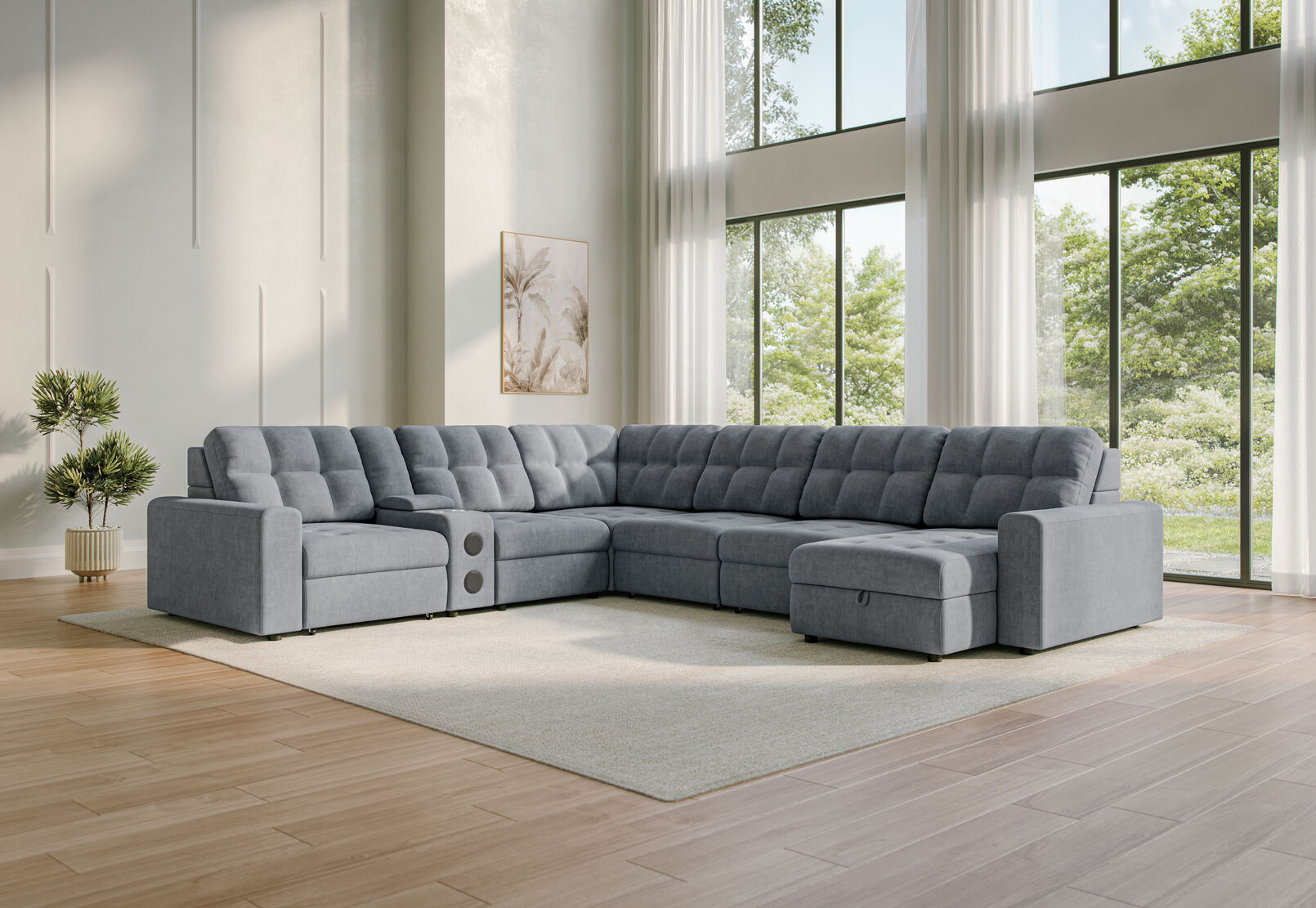 GREY BEVERLY FABRIC 6S Corner with 3 Electric Slide-out Recliners & RHF ...
