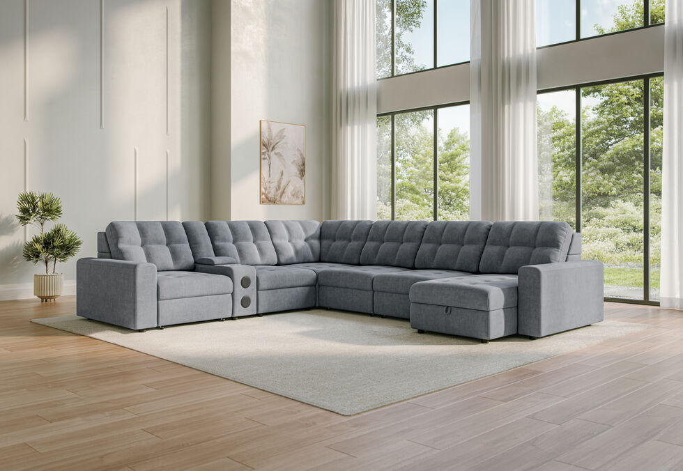 GREY BEVERLY FABRIC 6S Corner with 3 Electric Slide-out Recliners & RHF ...