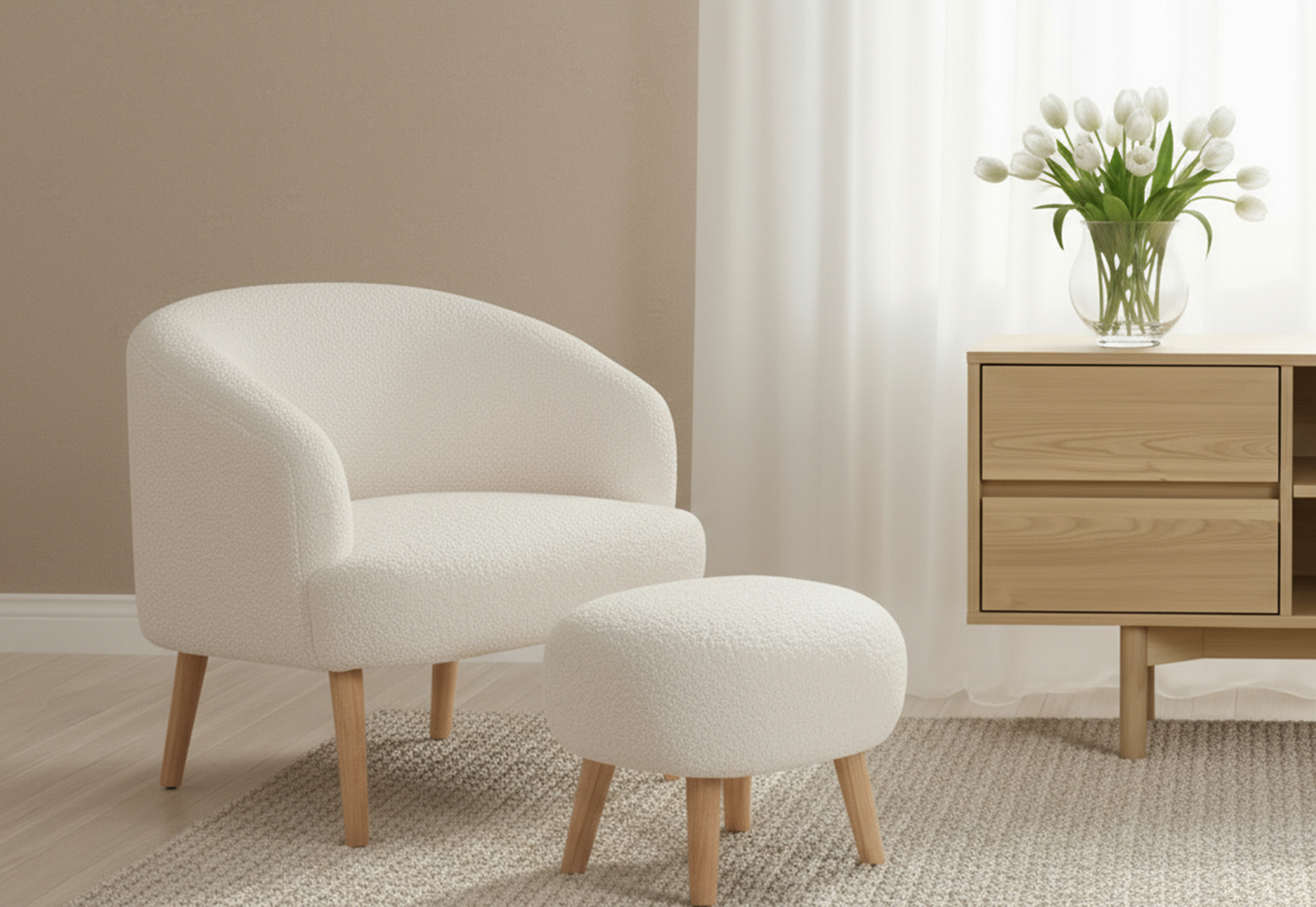 WHITE ALBA Accent Chair with Stool
