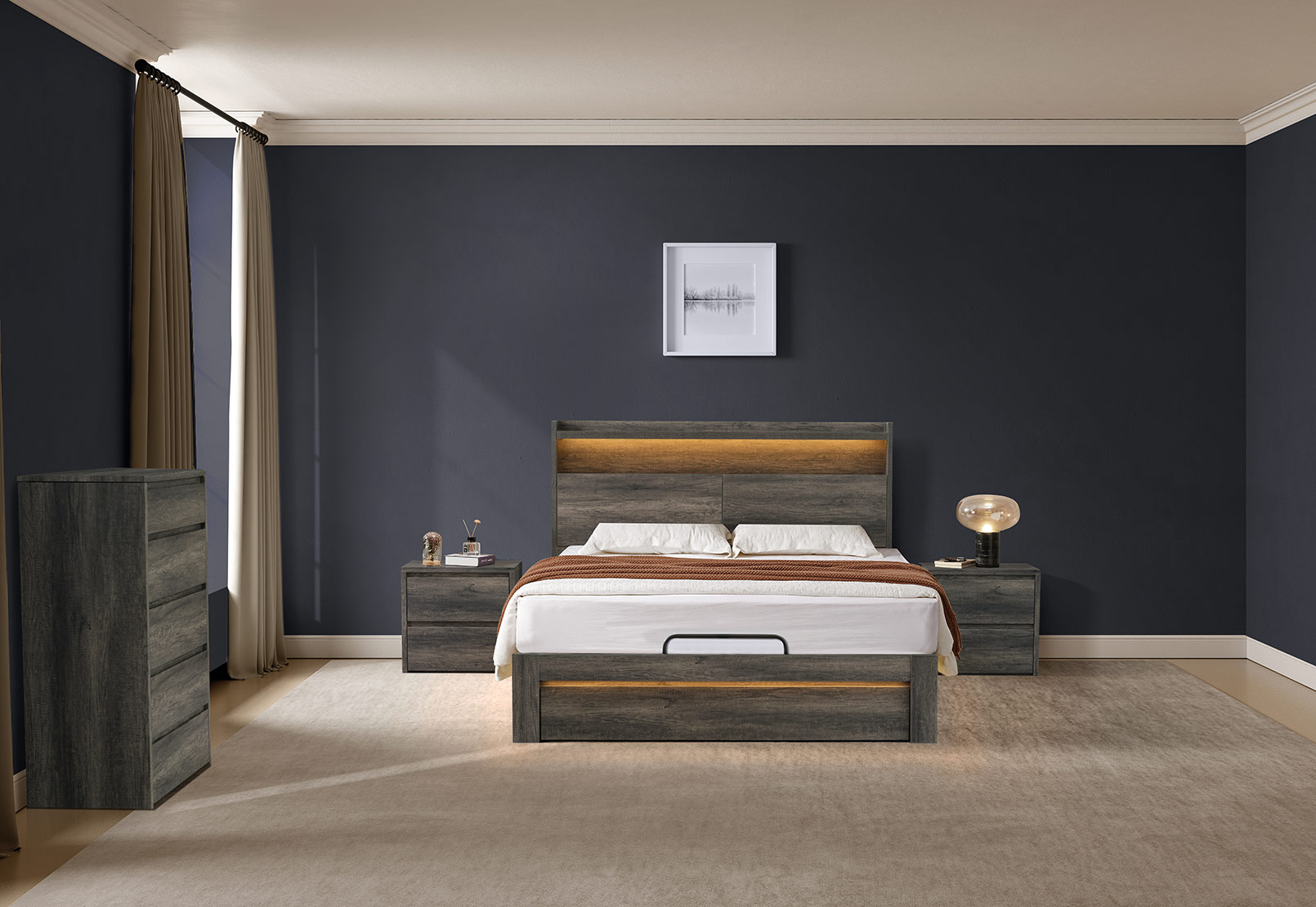 DARK GREY VESPERA 4 Piece Queen Tall Chest Bedroom Suite