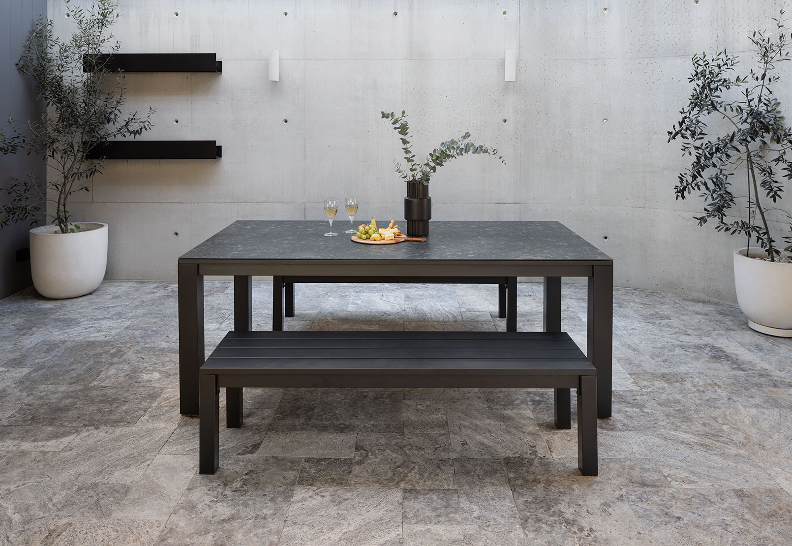 CHARCOAL LA PALOMA 3 Piece Outdoor Dining Table With Naviti Bench Setting